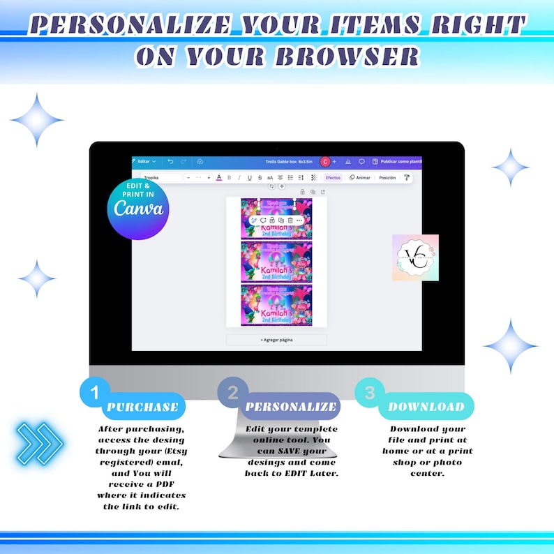 Party Labels Trolls Gable box template, Edit Yourself in CANVA. Party ...