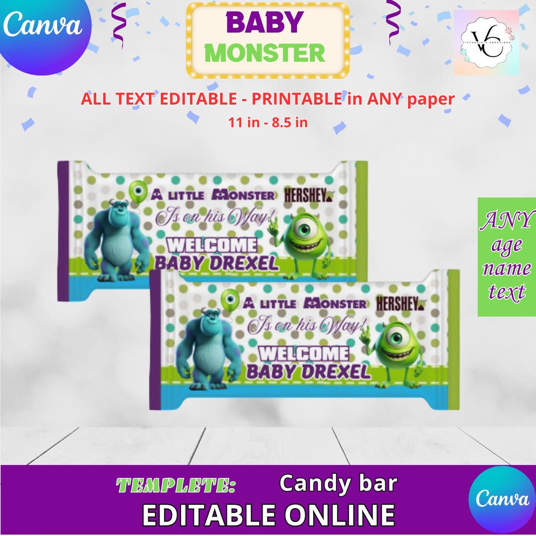 Baby Little Monster - Candy Bar Template, EDIT Yourself in CANVA - Etsy