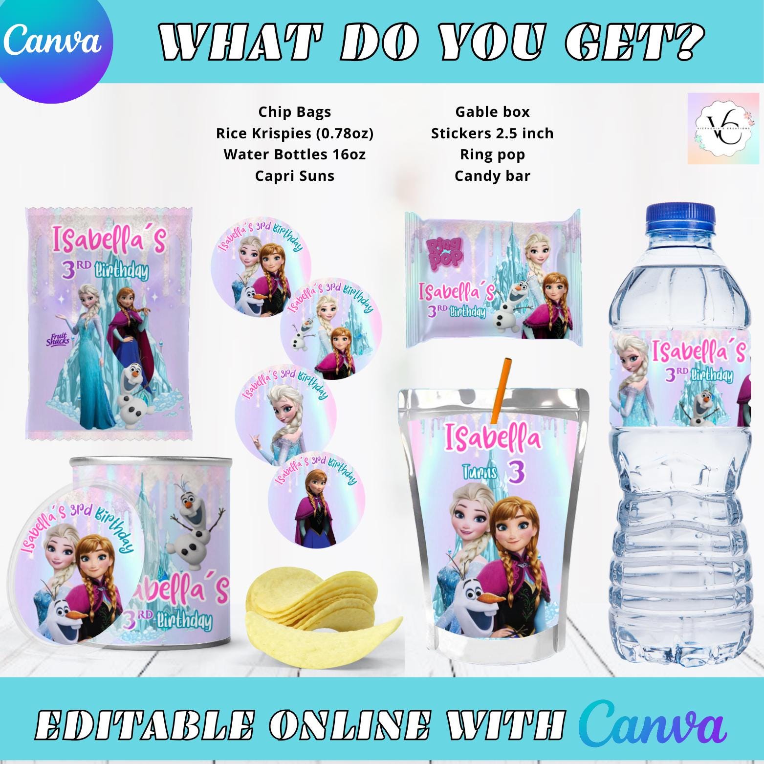 Frozen Elsa and Anna Bundle 10 Favors: Chips, Water, Juice and More ...