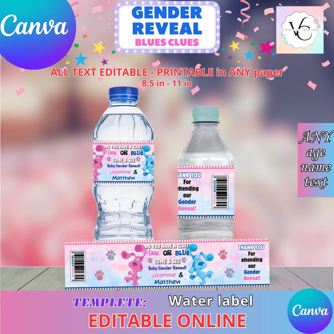 Blues Clue Gender Reveal - Water Bottle Labels Template, EDIT Yourself ...