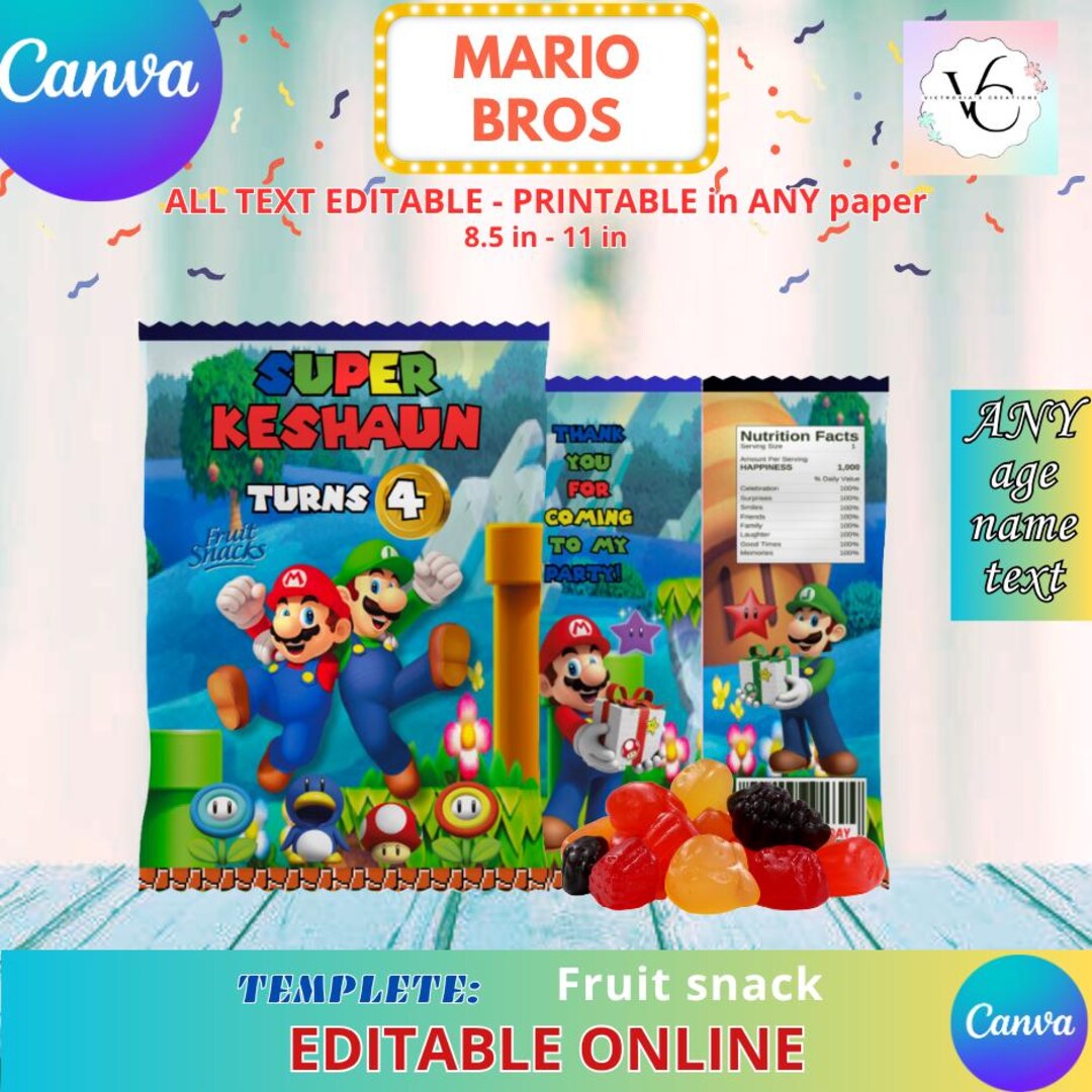 Mario Birthday Fruit Snack Template, EDIT Yourself in CANVA - Etsy