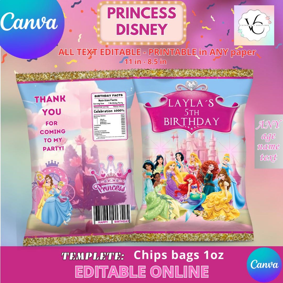 Princess Chips Bag Template, EDIT Yourself in CANVA. Party Kit. Online ...