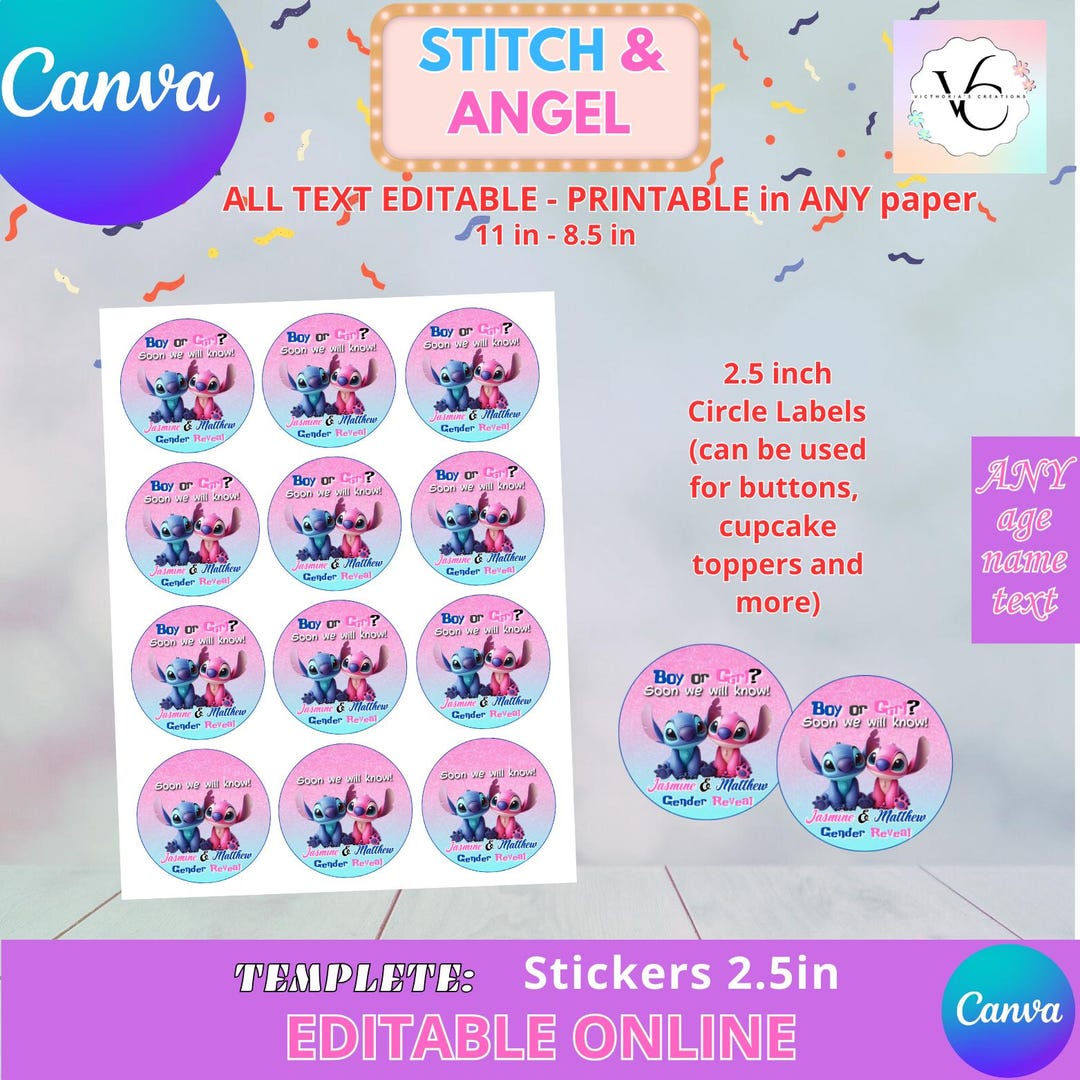 Gender Reveal Lilo and Angel - Stickers 2.5in Labels Template, EDIT ...