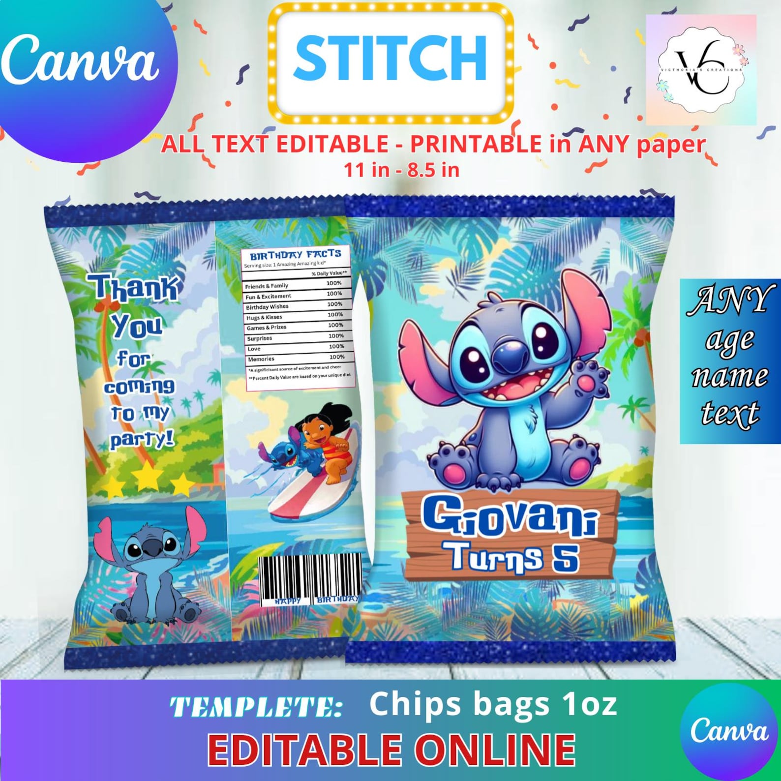 Party Labels - Stitch-chips Bag Template, EDIT Yourself in CANVA. Party ...