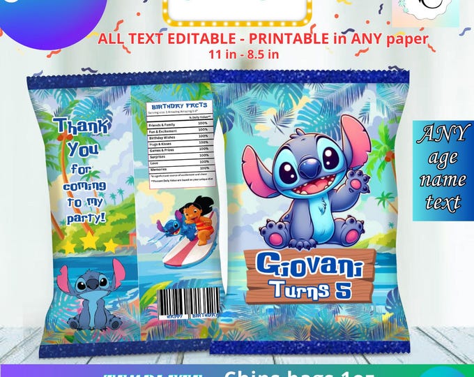 Party Labels - Stitch-chips Bag Template, EDIT Yourself in CANVA. Party ...