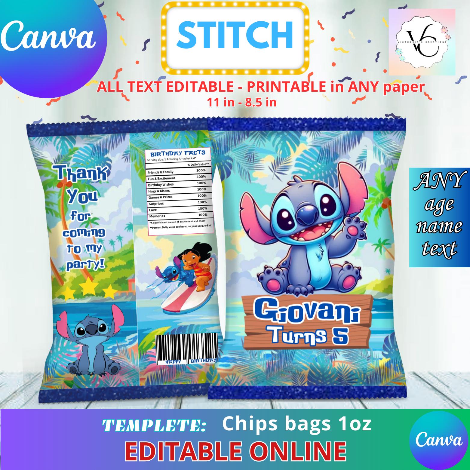 Party Labels - Stitch-chips Bag Template, EDIT Yourself in CANVA. Party ...