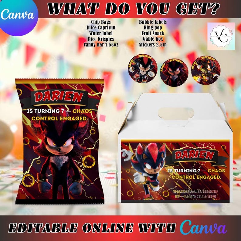 Shadow X Sonic Birthday Bundle - 10 Party Favor Labels. Editable in ...