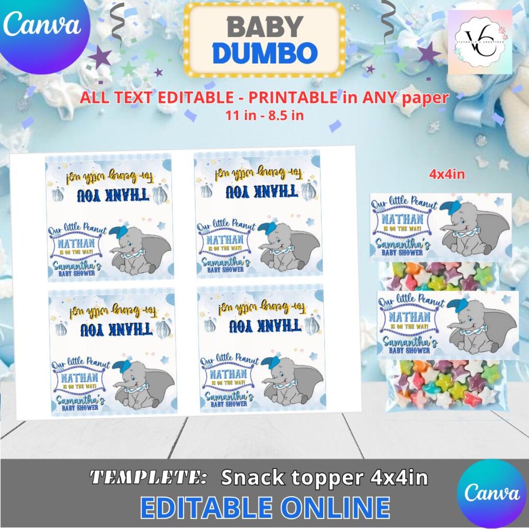 Baby Little Dumbo Snack Topper 4x4in Template, EDIT Yourself in CANVA ...