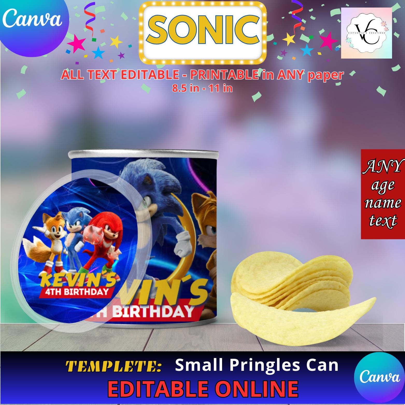 Party Labels - Sonic - Pringles Small Can Template, EDIT Yourself in ...