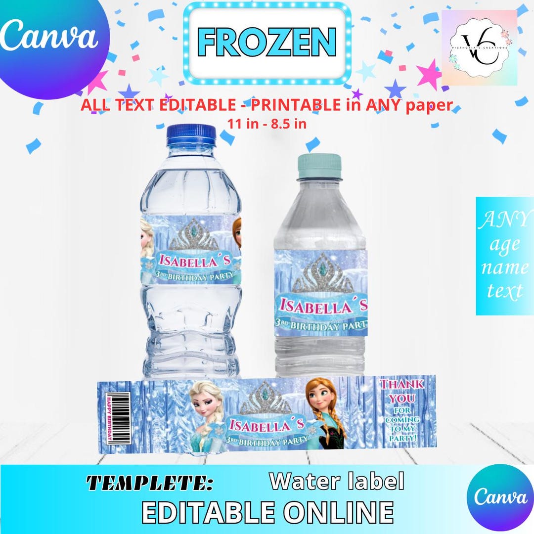Frozen Elsa and Anna - Water Bottle Labels Template, EDIT Yourself in ...