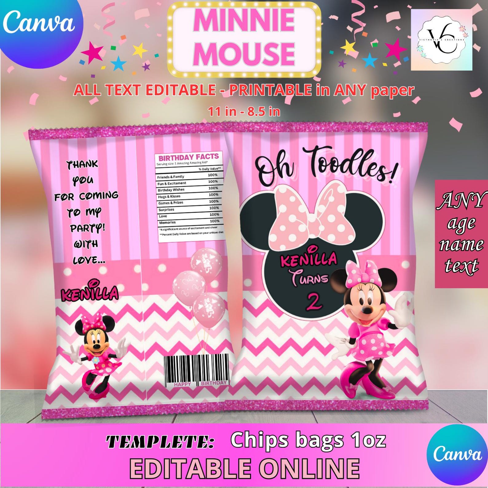 Party Labels - Minnie Mouse - Chips Bag Template, EDIT Yourself in ...