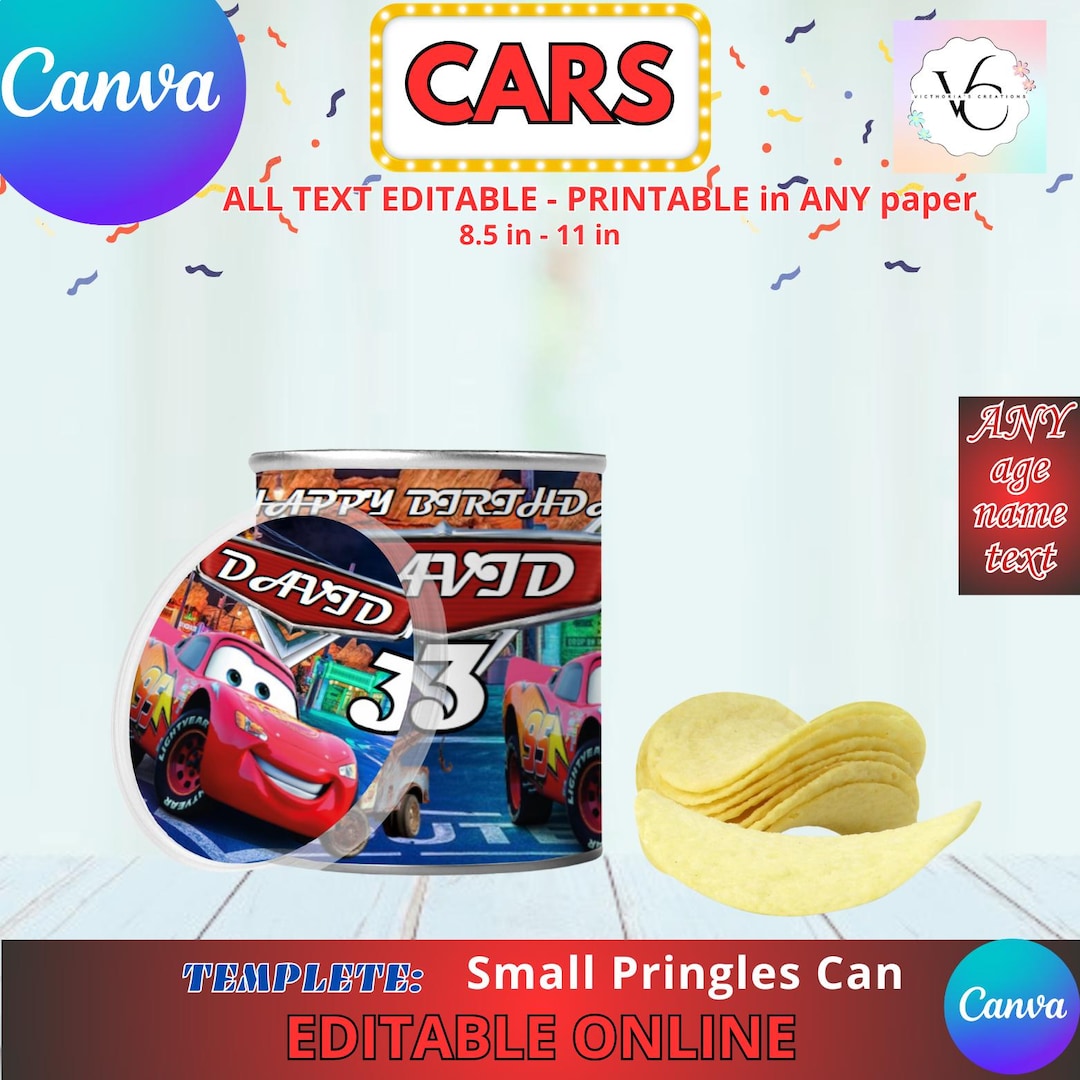 Party Labels - CARS - Pringles Small Can Template, EDIT Yourself in ...