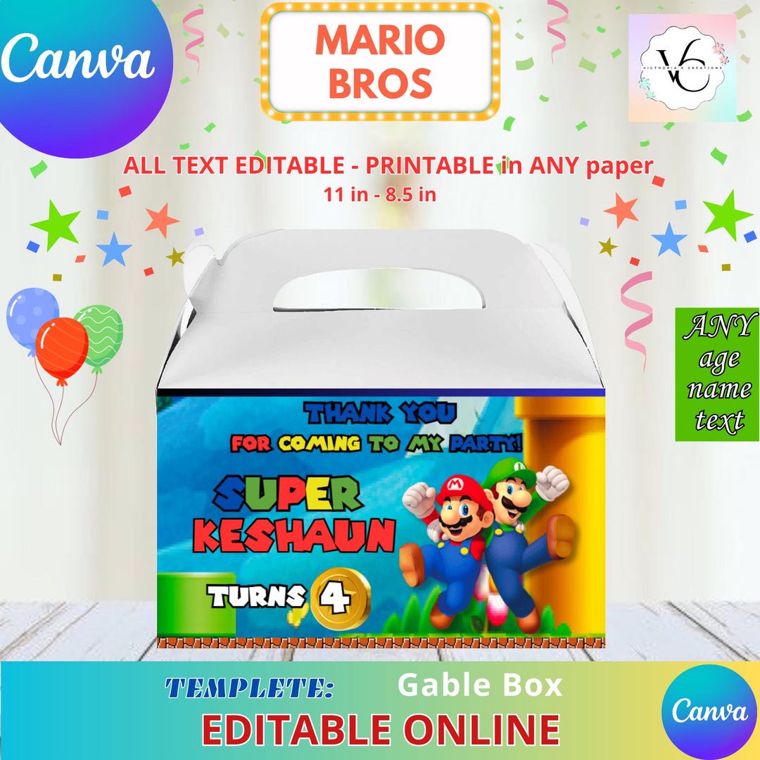 Mario Birthday - Gable Box Template, Edit Yourself in CANVA. Party Kit ...