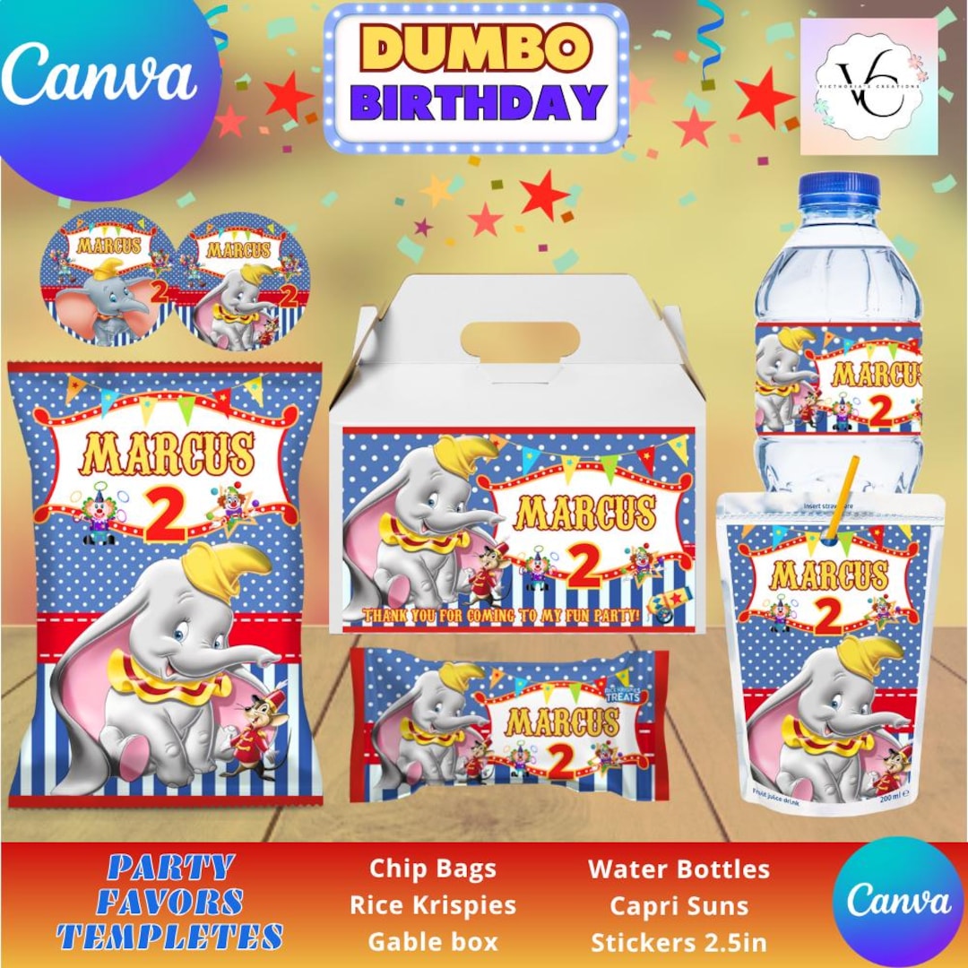 Dumbo Birthday Bundle 6 Favors: Chips, Water and More. Editable in ...