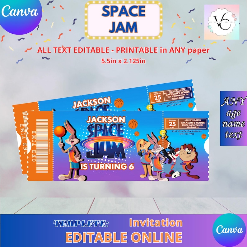 Space Jam Invitation Ticket Party. Editable in CANVA - Etsy