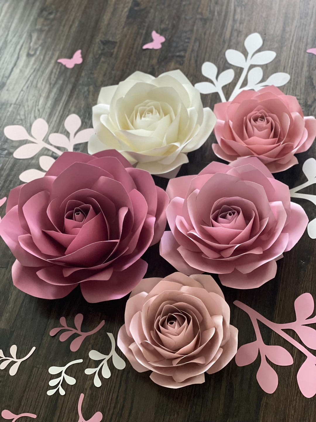Pink and White Paper Flower Rose Set, Wall Decor With Leaves and ...