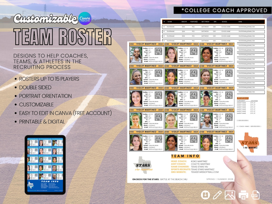 Canva Team Roster Template | Double-sided College Recruiting Tool ...