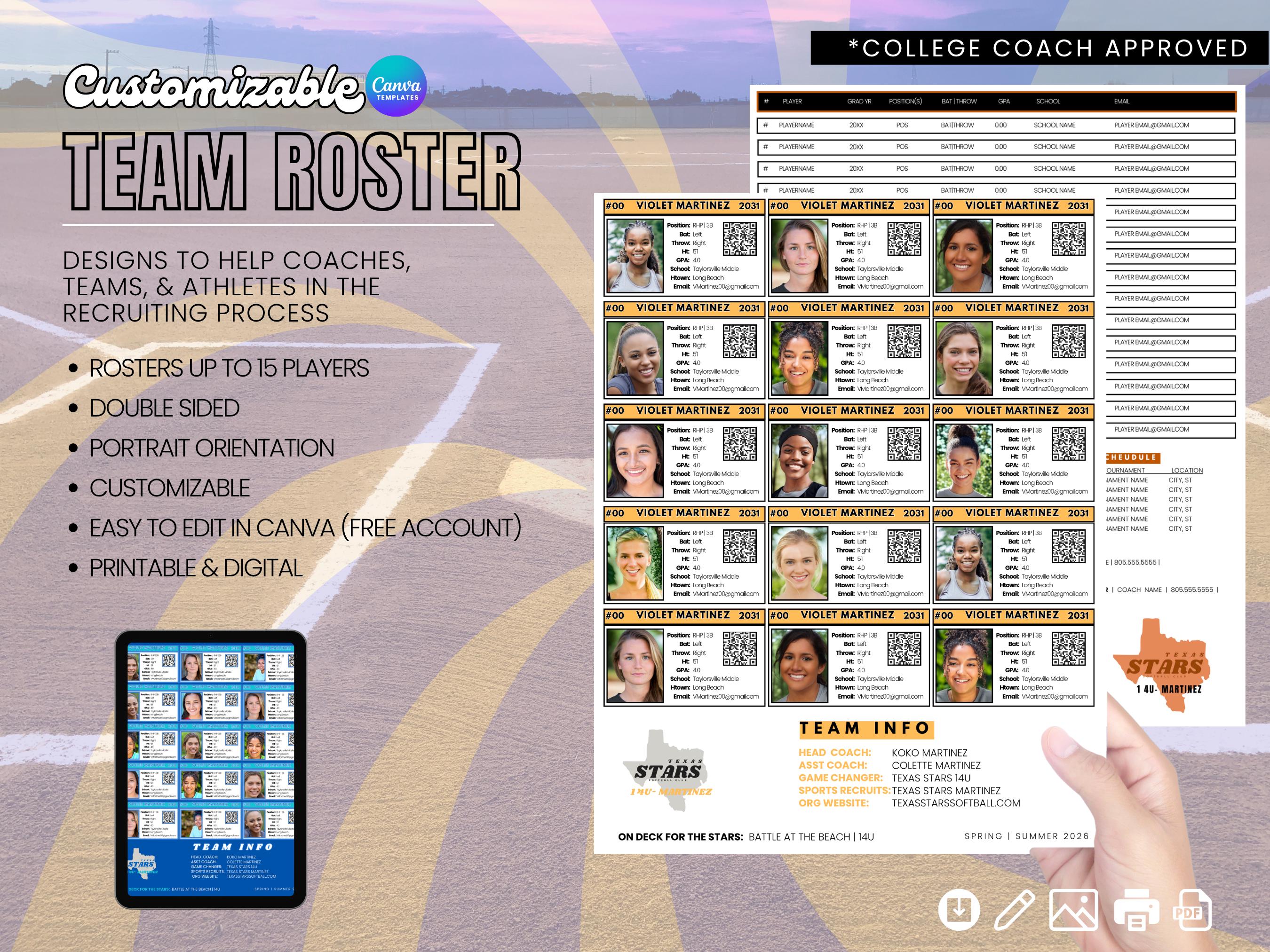 Canva Team Roster Template | Double-sided College Recruiting Tool ...