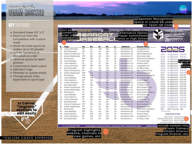 Canva Template for Team Sports Roster | Baseball & Softball Travel Ball ...