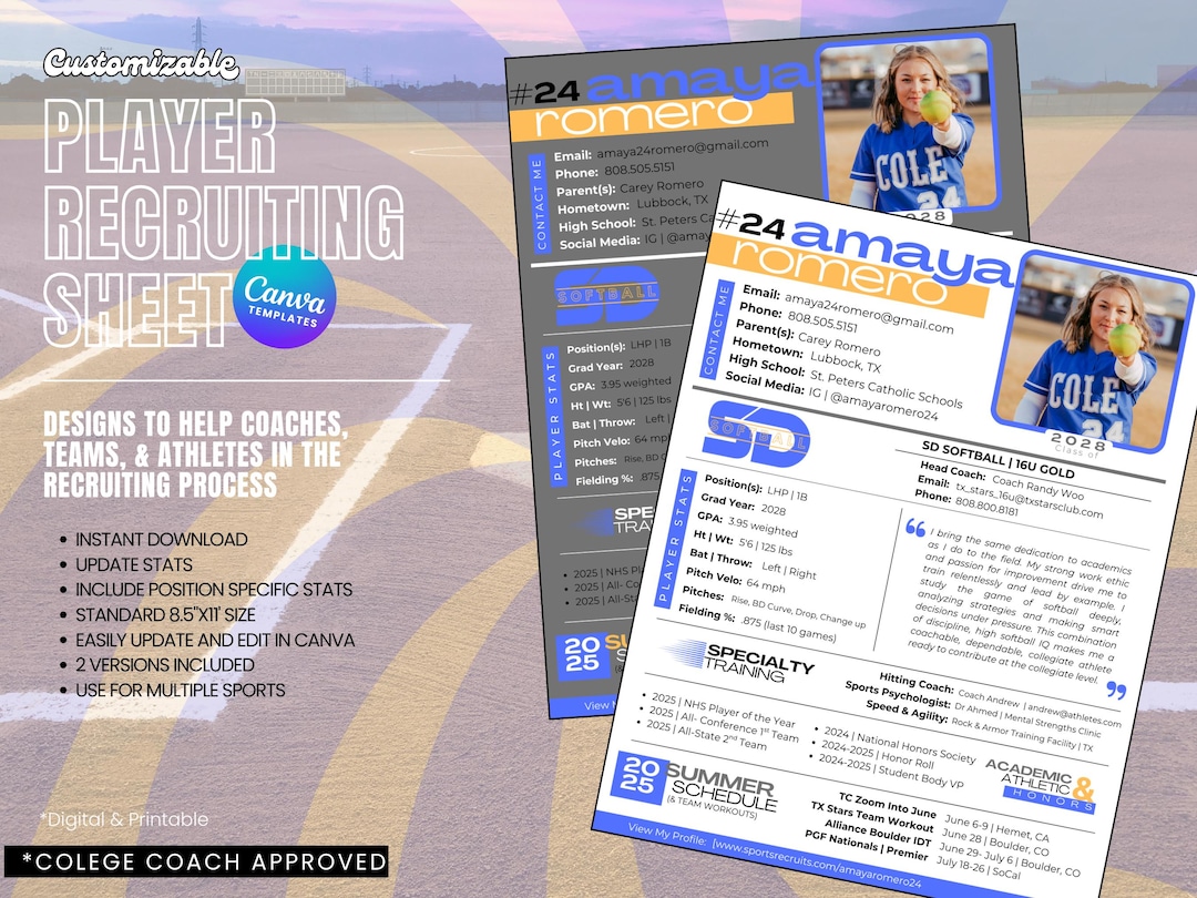 Customizable Player Bio Canva Template for Student Athlete Recruitment ...