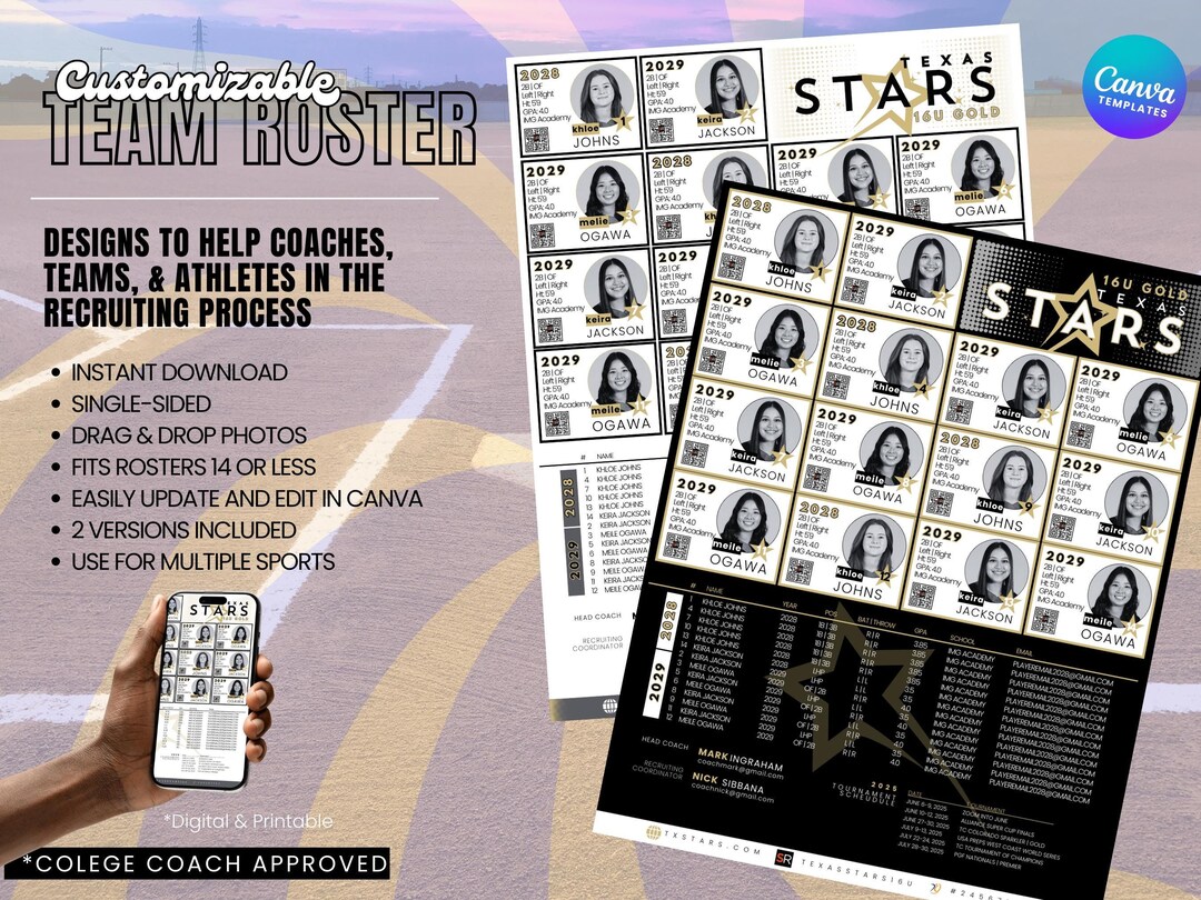 Customizable Canva Team Sports Roster Template College Recruiting Club ...