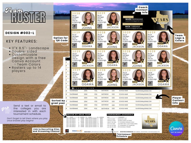 Customizable Team Sports Roster Template | College Recruiting, Baseball ...