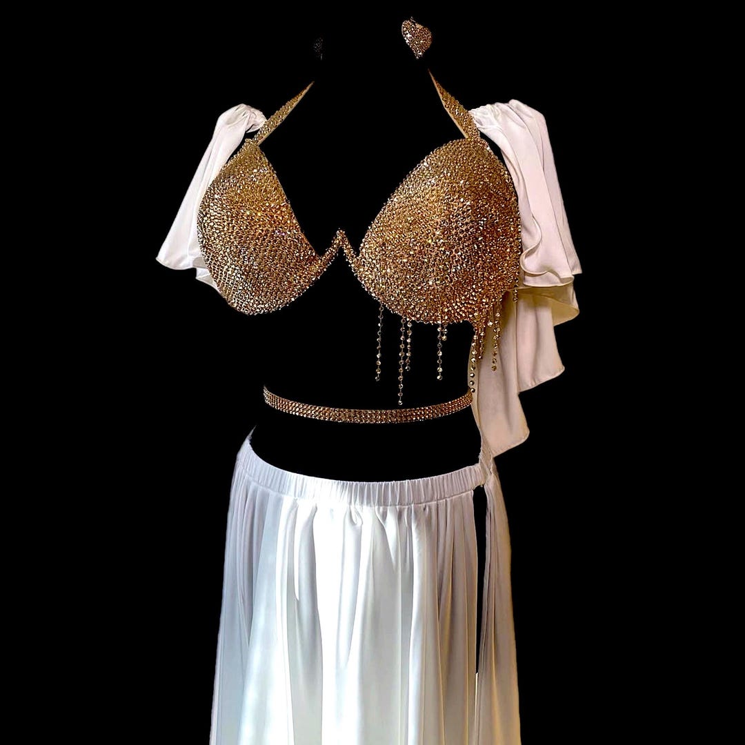 Made to Order Luxury Belly Dance Costume: White Gold Crystal Showgirl ...