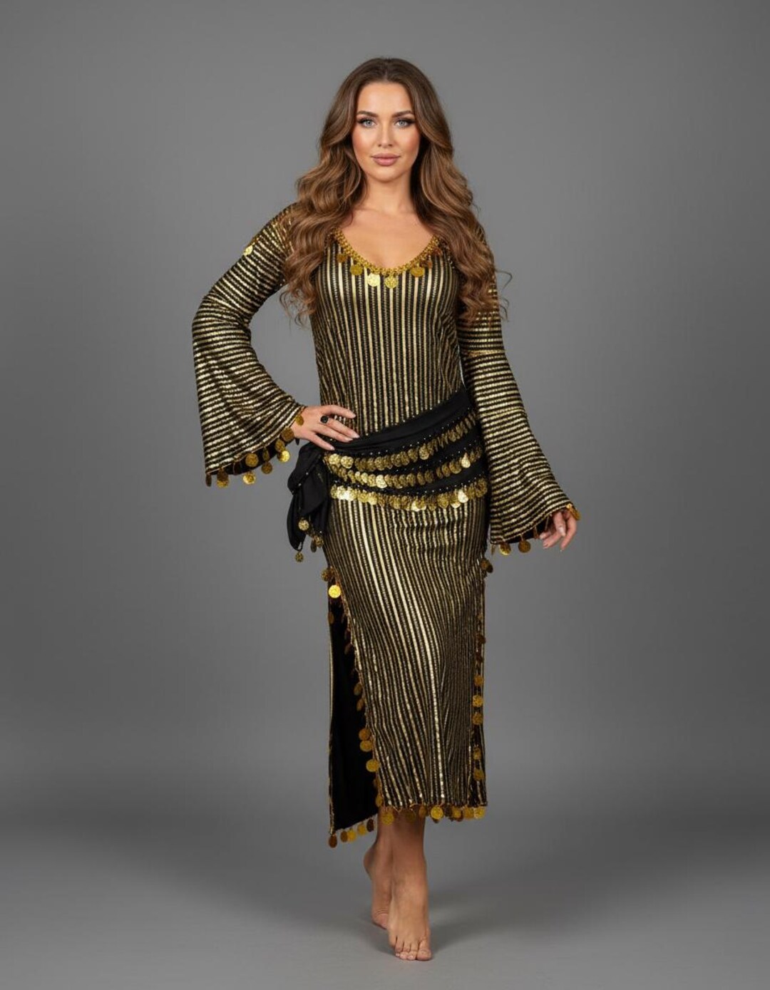 Belly Dance Golden Black Baladi Dress With Coins Belt: Egyptian Dance ...
