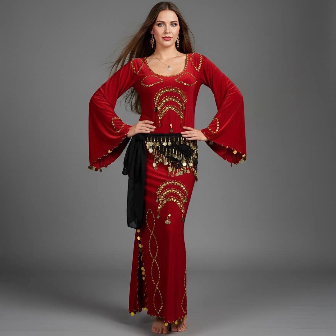 Belly Dance Dark Red Baladi Dress Set: Egyptian Dance Costume With ...