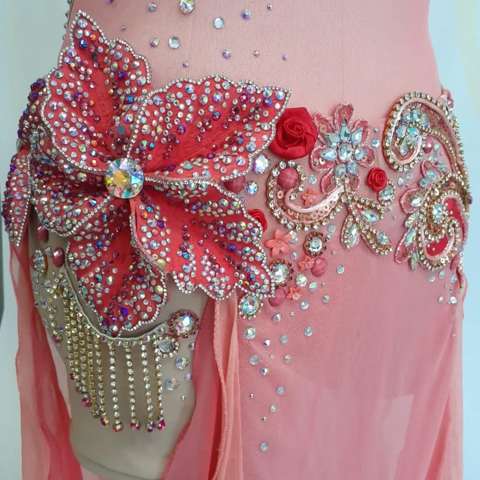 Made to Order Baladi Belly Dance Coral Dress,crystals Sparkling Dance ...