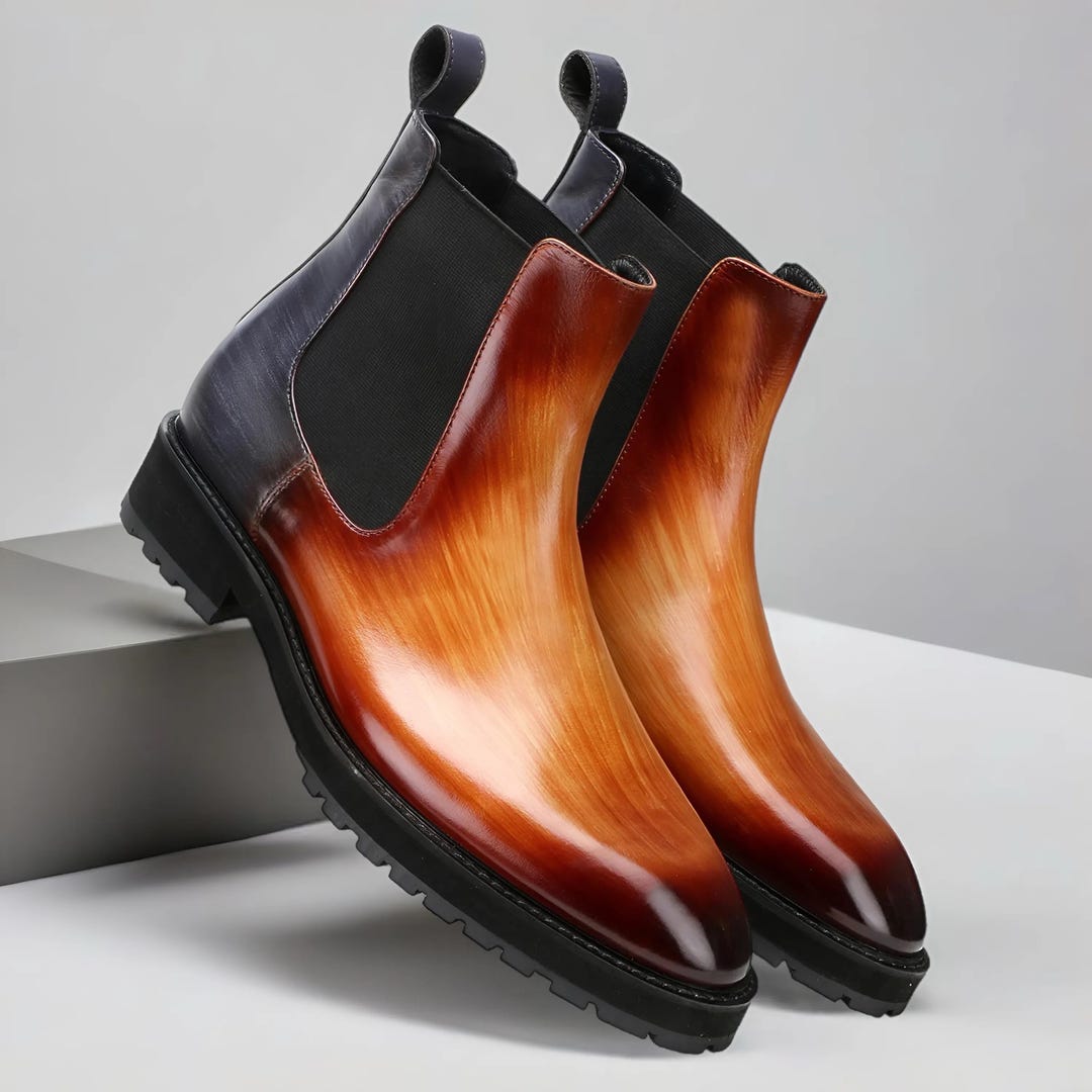 Tan Mirror Glossed Patina Chelsea Boots With Chisel Toe Chelsey Boots ...