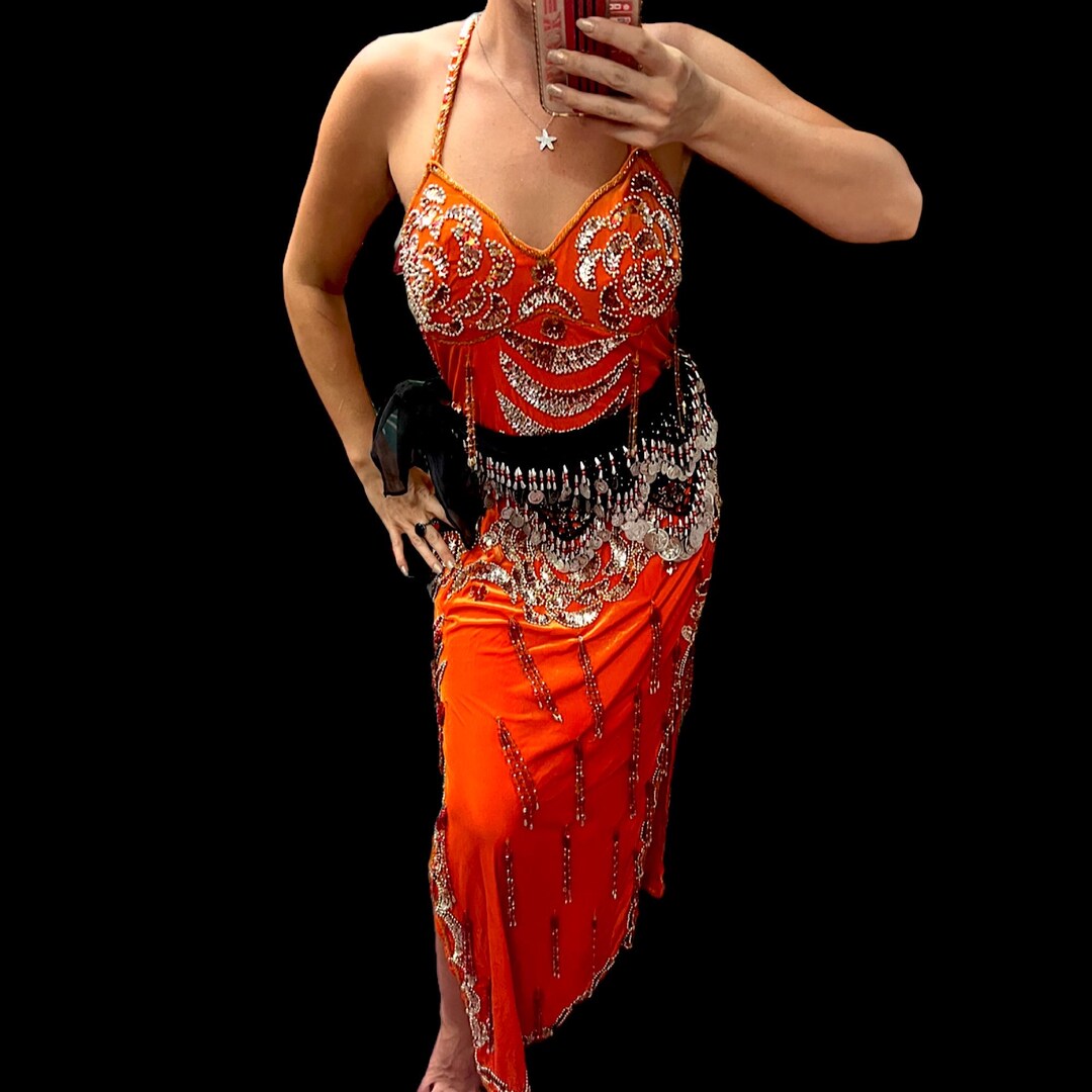 Belly Dance Baladi Orange Embroidery Dress, 1 Pcs Unique Saidi Dress ...