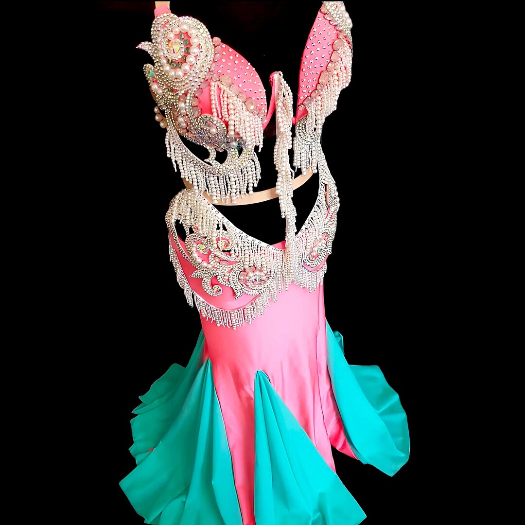 Made to Order Belly Dance Pink Crystals Pearls Mermaid Costume,showgirl ...