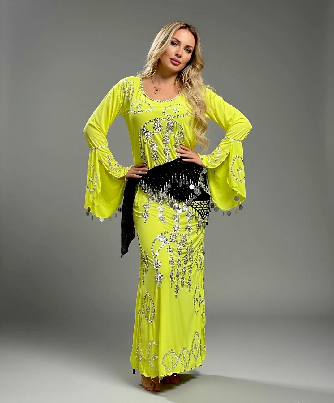Belly Dance Yellow Baladi Costume: Baladi Dress With Coins Belt ...