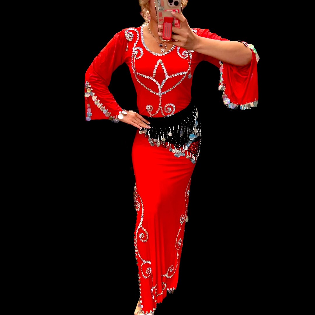 Belly Dance Red Embroidered Baladi Dress With Coins Belt, Saidi, Shaabi ...