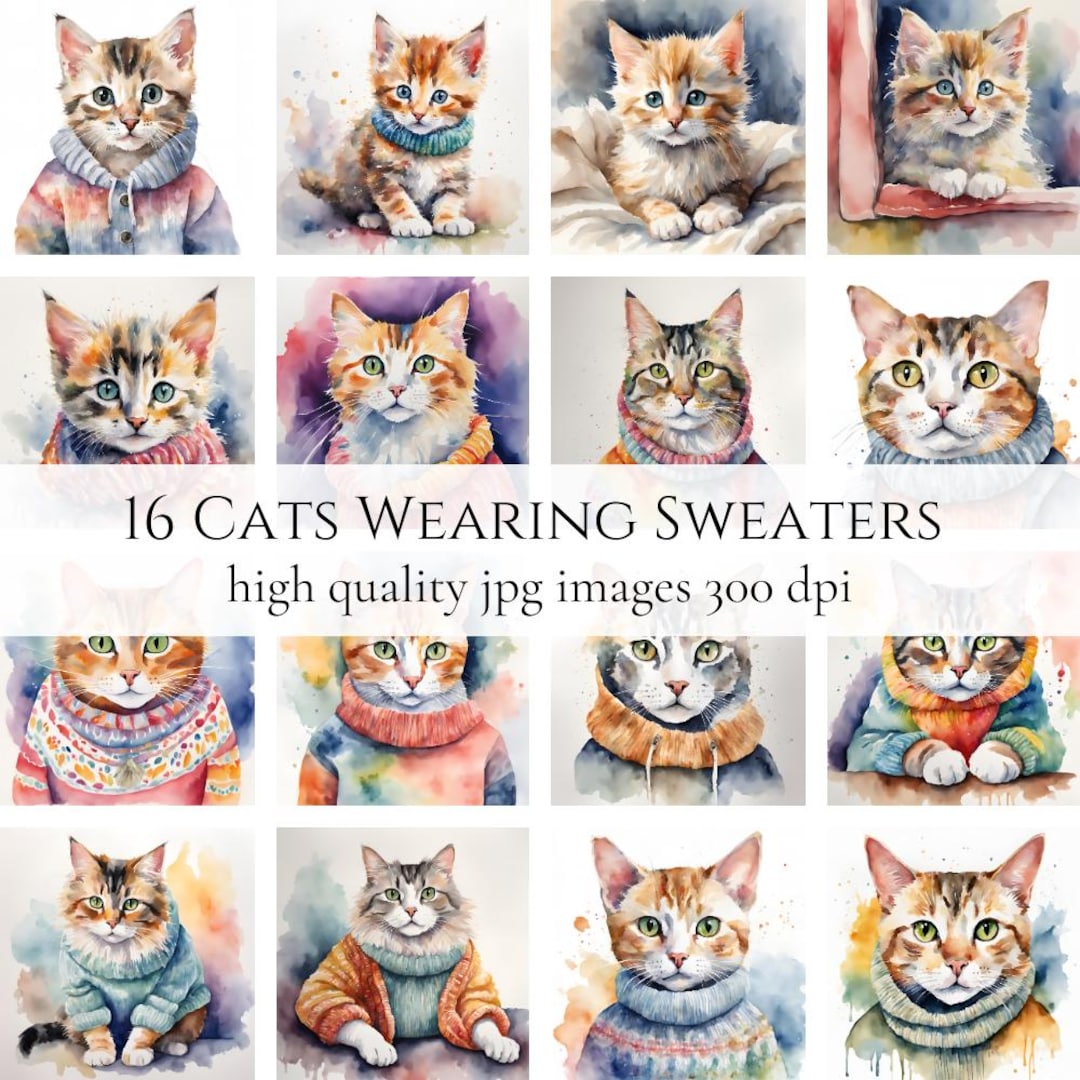 16 X Cats Wearing Sweaters Clip Art Bundle, Cat Clipart Cute, Cats in ...