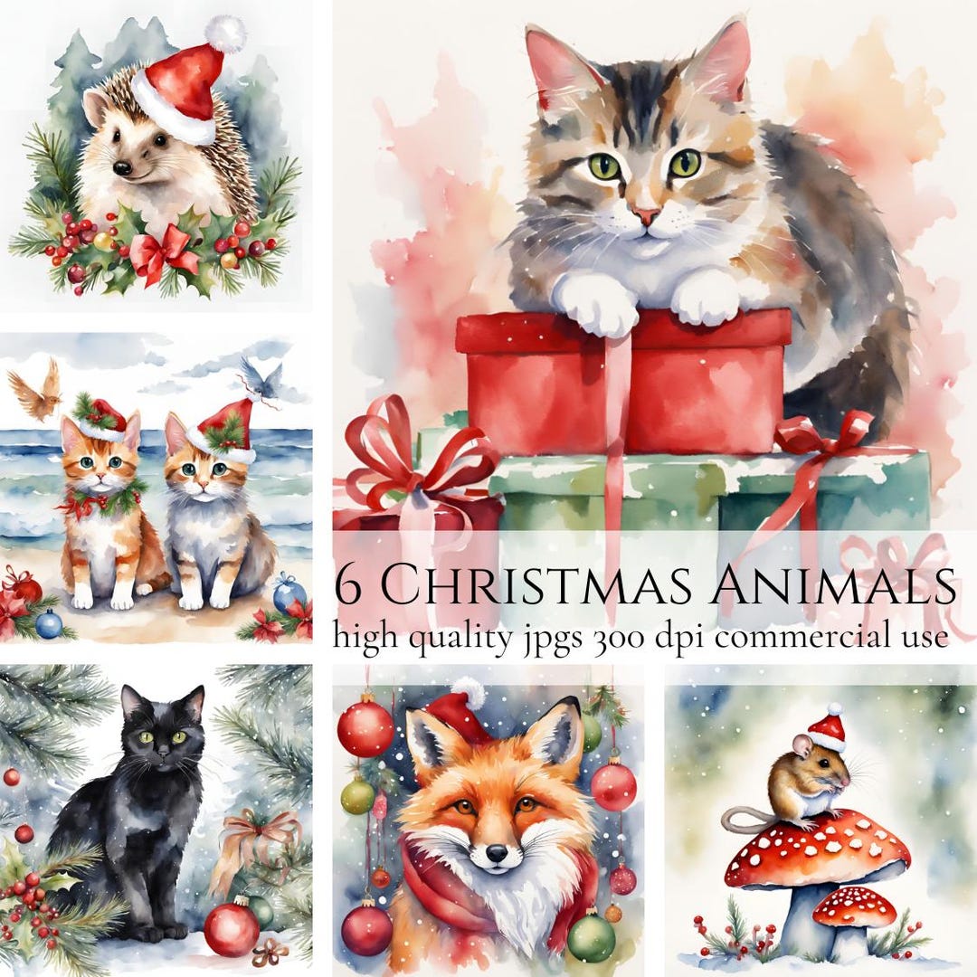 6 X Christmas Animals Clip Art Bundle, Watercolor Animals Set, Woodland ...