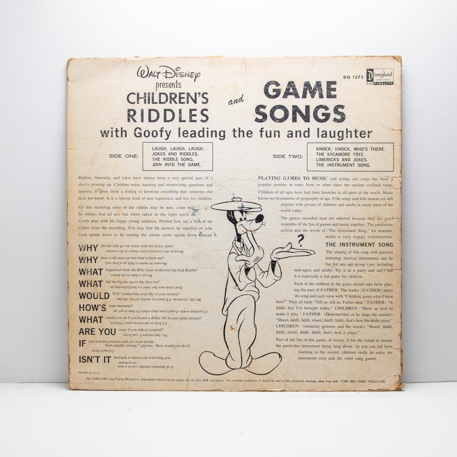 Vintage 1965 Disneyland Riddles and Game Songs With Goofy Leading the ...