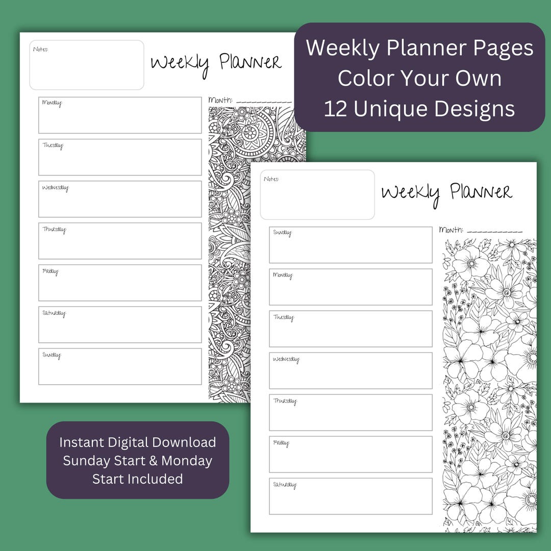 Weekly Planner Page | Unique Designs | Color Your Own | Print Instantly ...