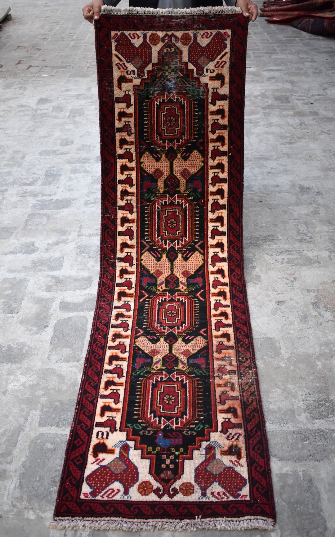 1940s Antique Pictorial Rug 2x7 Ft Geometric Old Rug/ Caucasian Animal ...