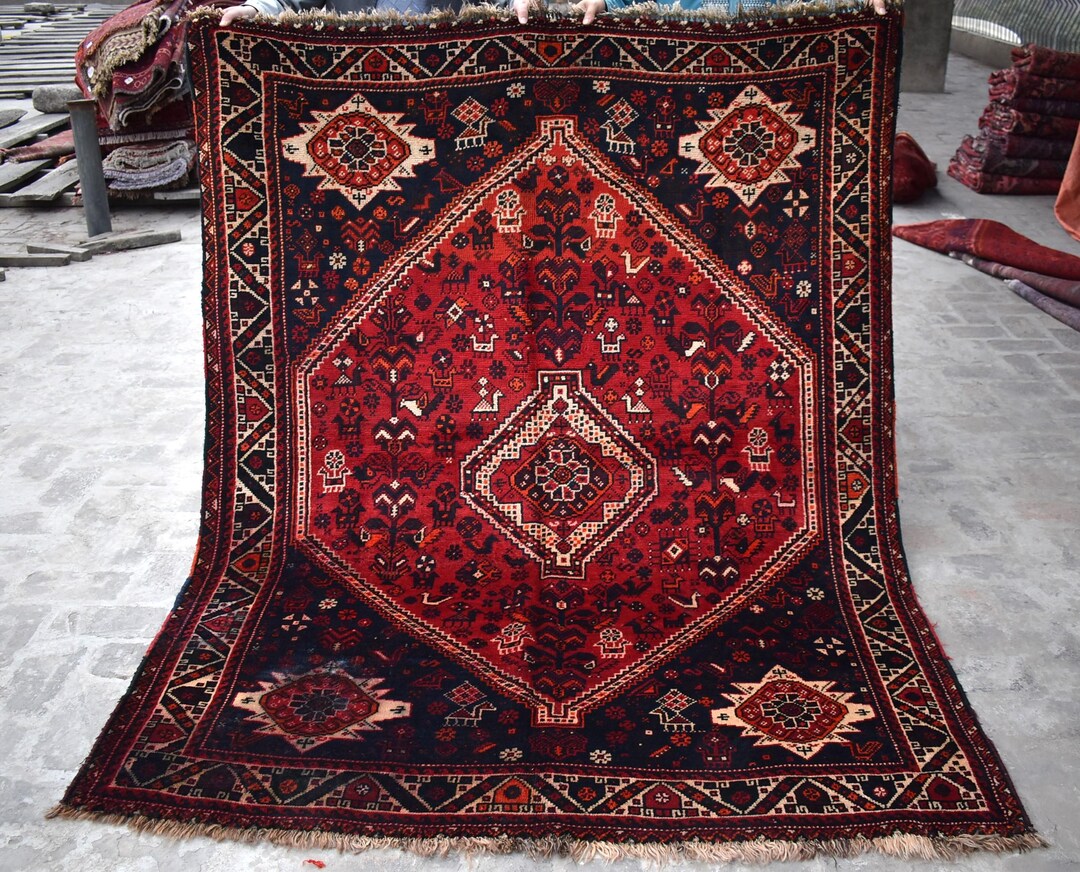 1930s Caucasian Antique Area Rug 5'4x6'9 Faded Pictorial Rug/ Low Piles ...