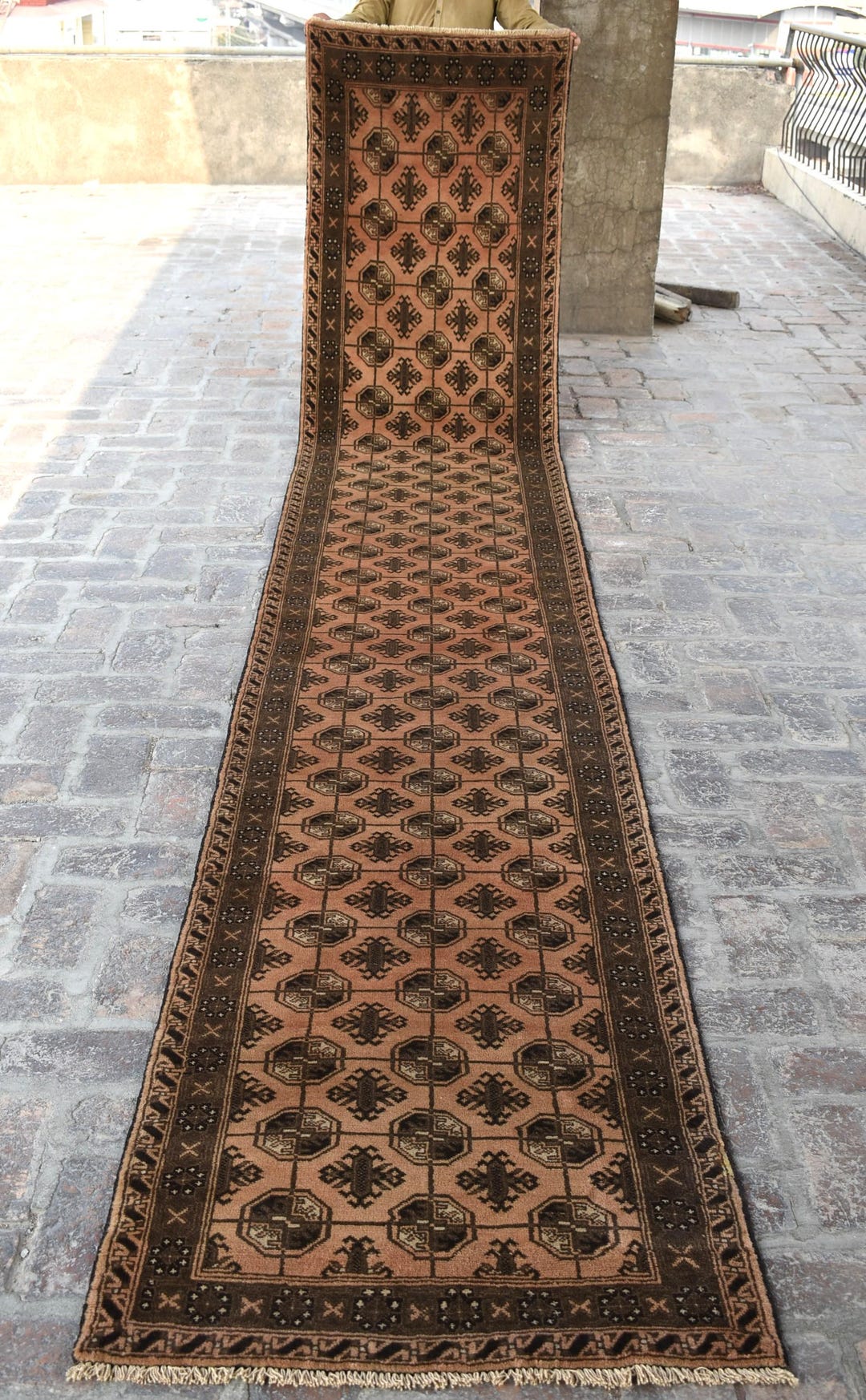 1930s Antique Terracotta Turkmen Rug 2'7x15'8 Ft Afghan Geometric Rug ...
