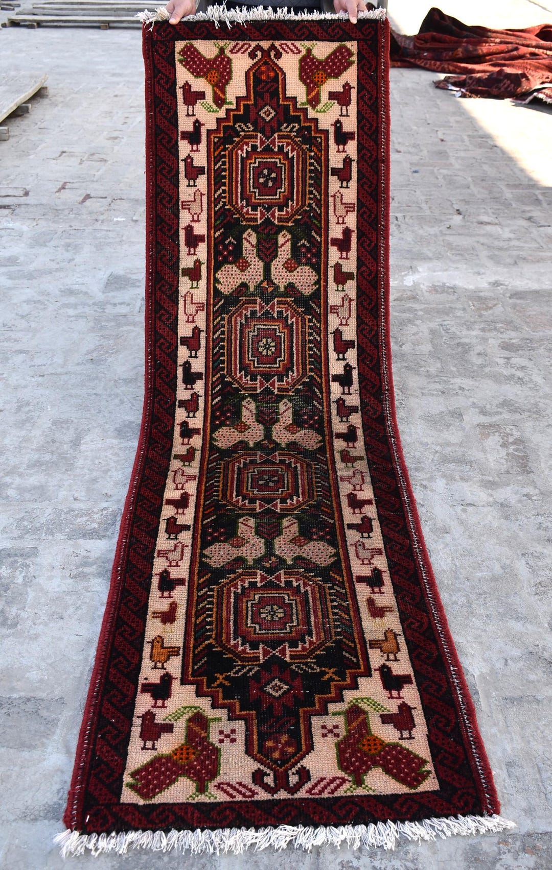 1940s Antique Caucasian Pictorial Rug 2'1x7'2 Geometric Tribal Rug/ Low ...