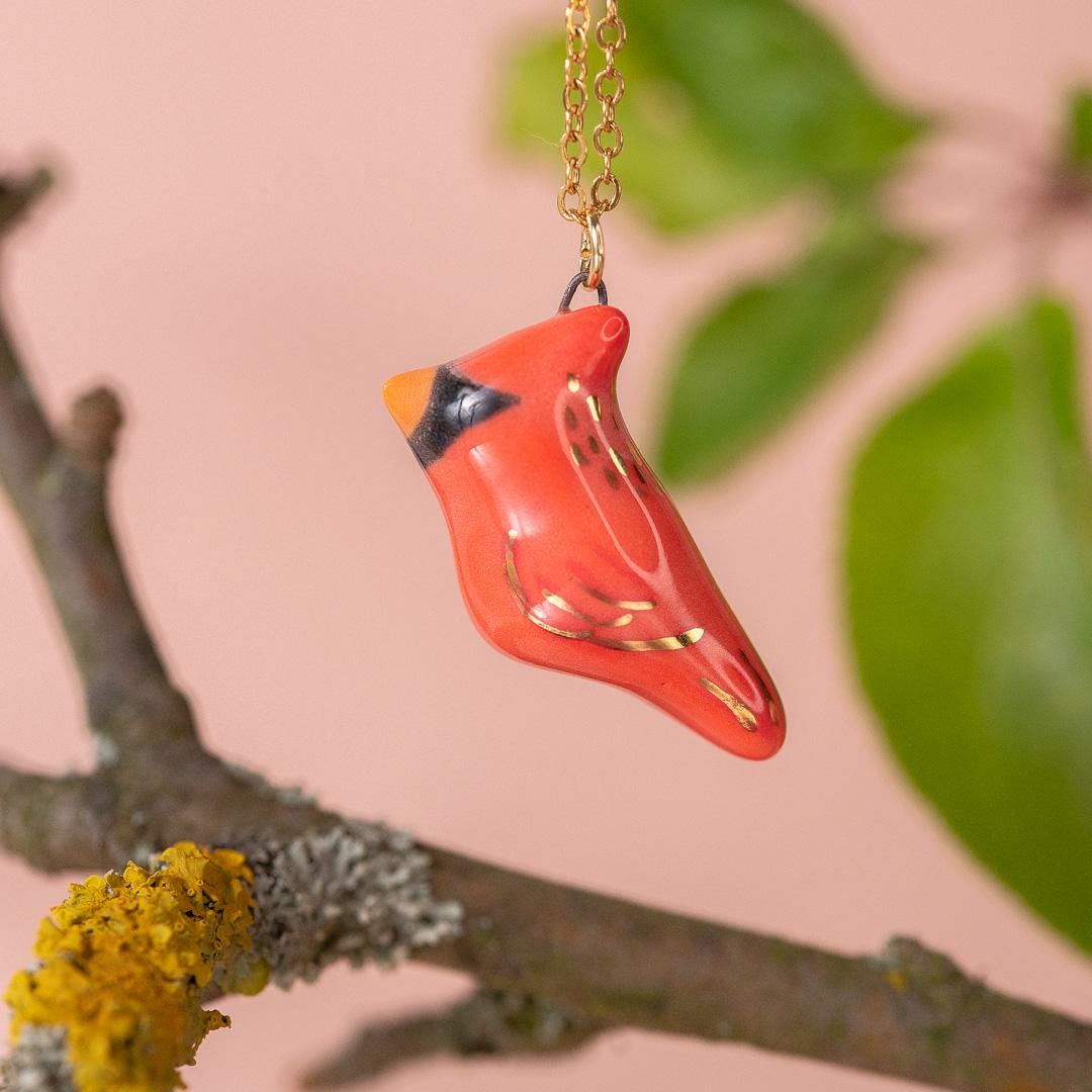 Porcelain Cardinal Pendant: 24K Gold Details, Stainless Steel Chain - Etsy