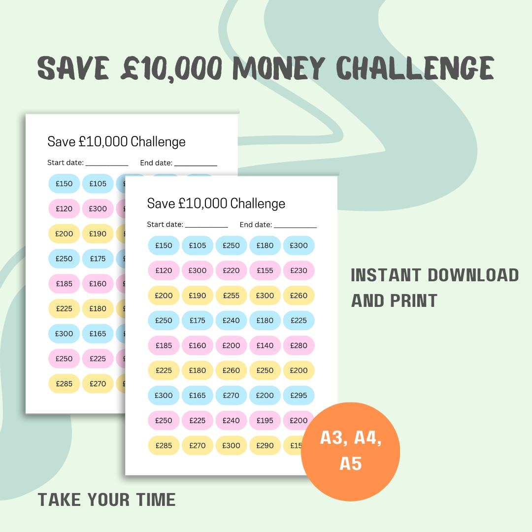 Save 10000 Challenge, Printable Money Saving Challenge, A3, A4, A5 ...