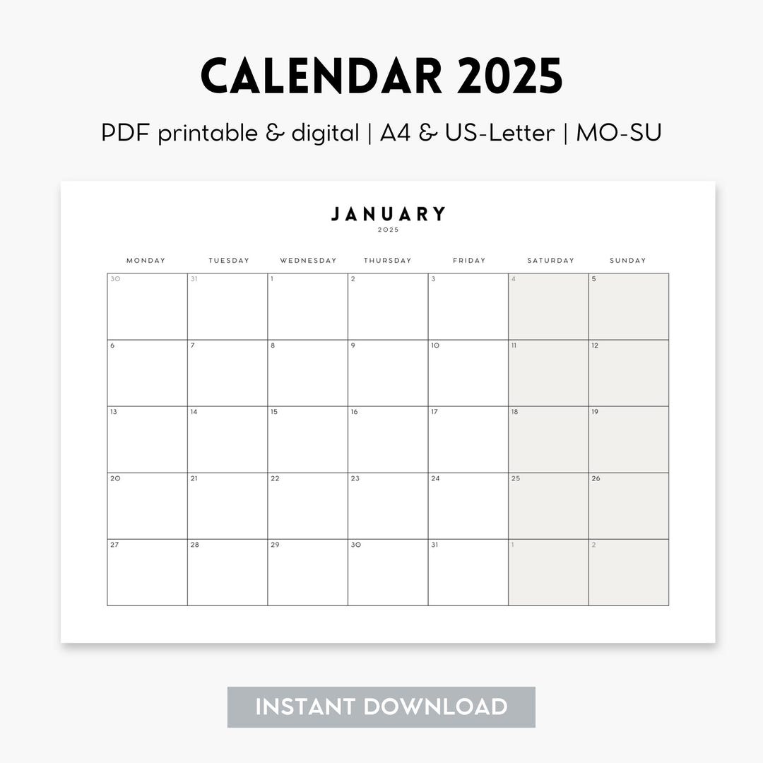 Minimalist Monthly Calendar 2025, PDF, Digital or Printable Calendar ...
