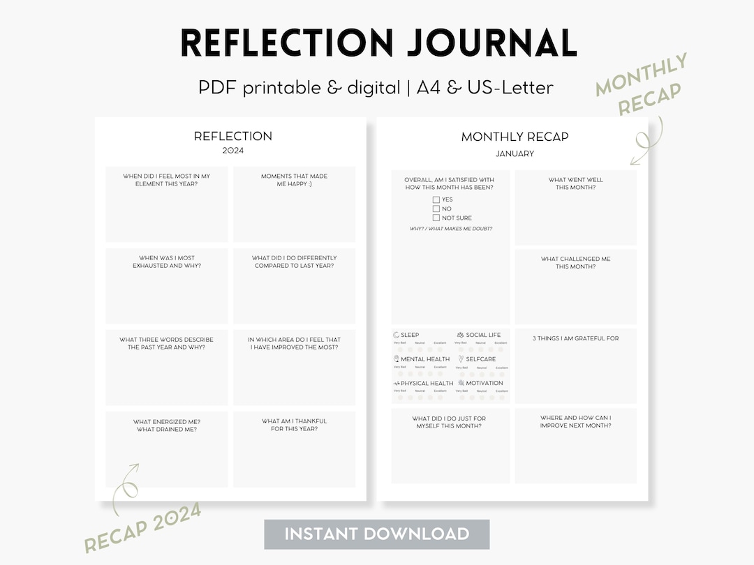 Reflection Journal 2024/2025, Yearly, Monthly Review Templates, Digital ...