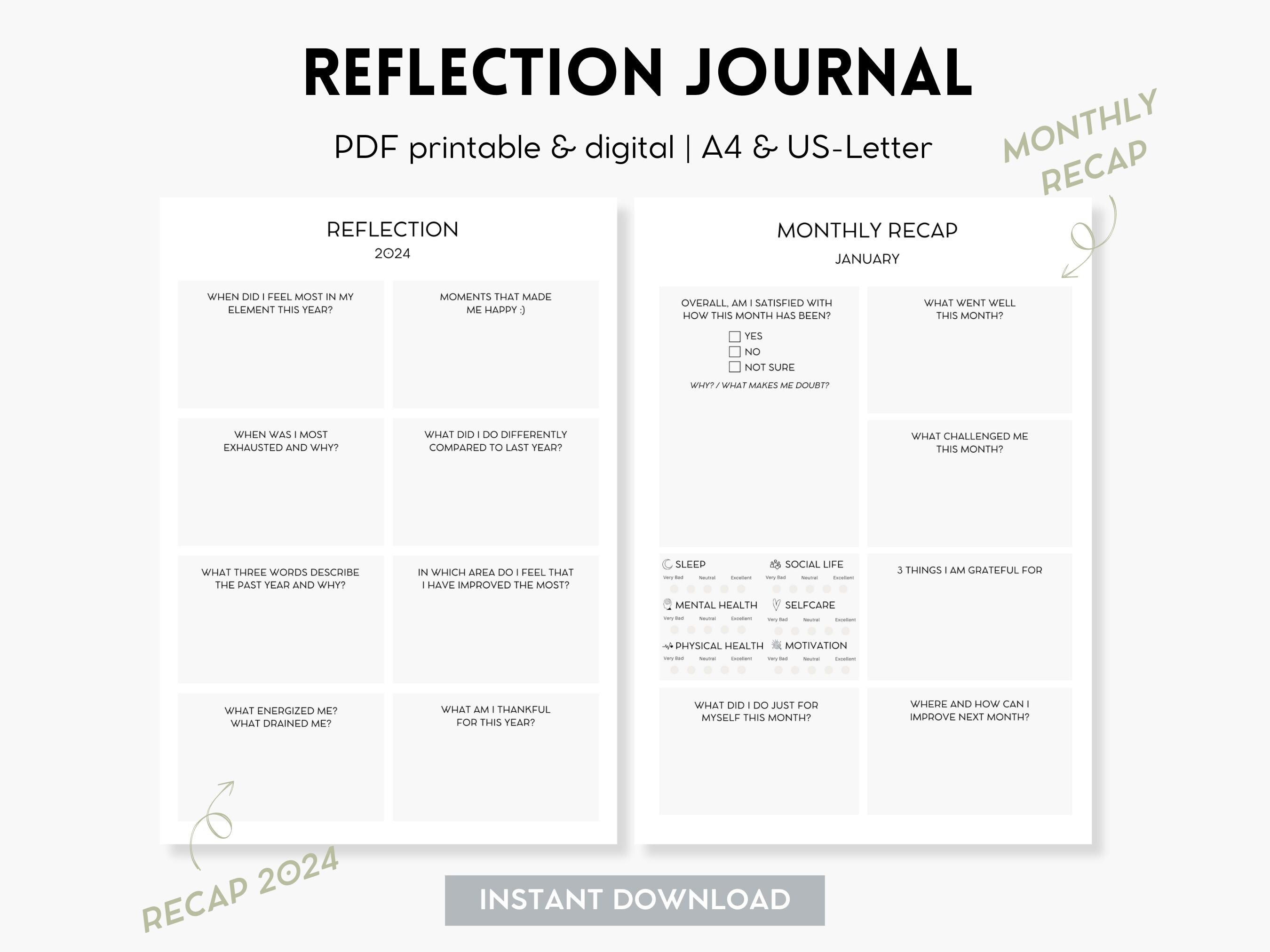 Reflection Journal 2024/2025, Yearly, Monthly Review Templates, Digital ...