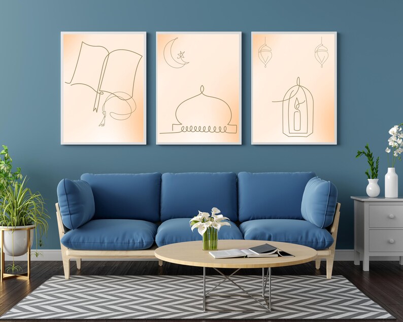 Set of 3 Minimalist Islamic Wall Art Quran, Mosque, & Lantern Elegant ...