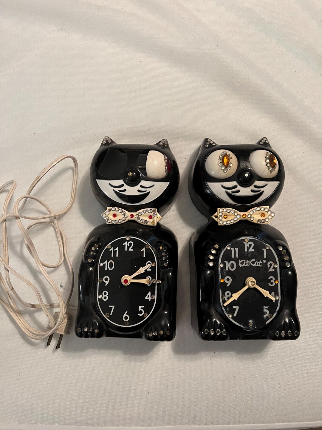 Set of 2 Vintage Original Kit Kat Clocks for Parts Only Jeweled Eyes ...